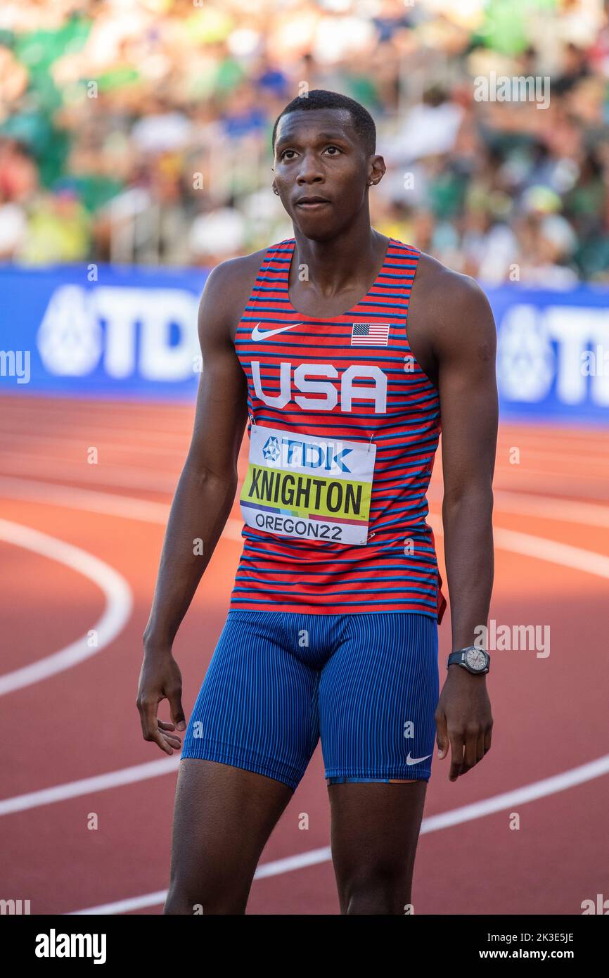 Erriyon Knighton of the USA competing in the men’s 200m semi final at ...