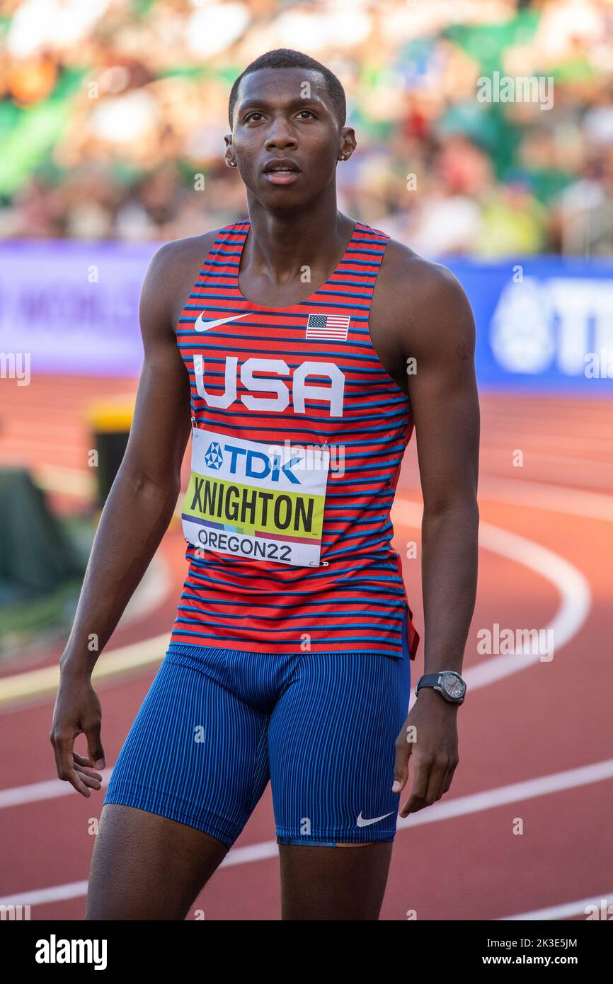 Erriyon Knighton of the USA competing in the men’s 200m semi final at ...