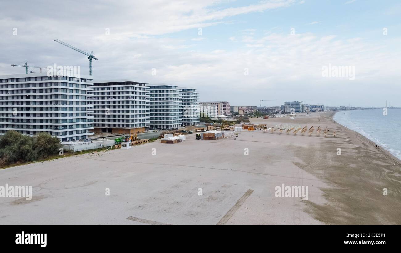 Evening beach in Romania. Drone view of Mamaia beach in Romania. Beach ...