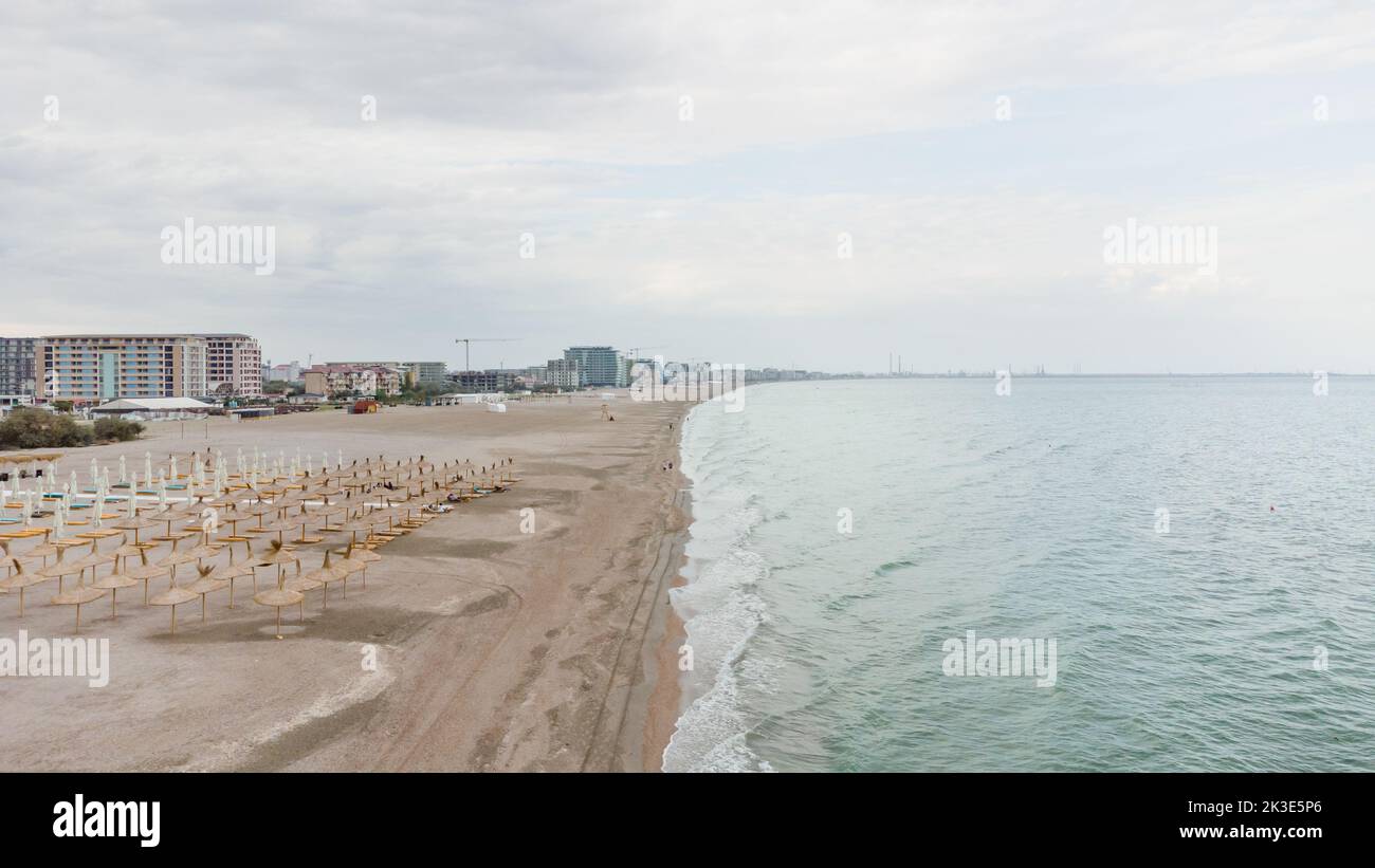 Evening beach in Romania. Drone view of Mamaia beach in Romania. Beach ...