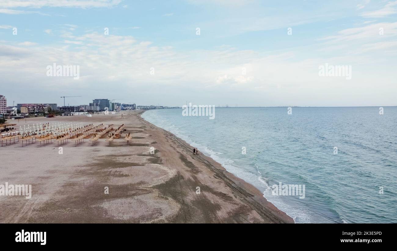 Evening beach in Romania. Drone view of Mamaia beach in Romania. Beach ...