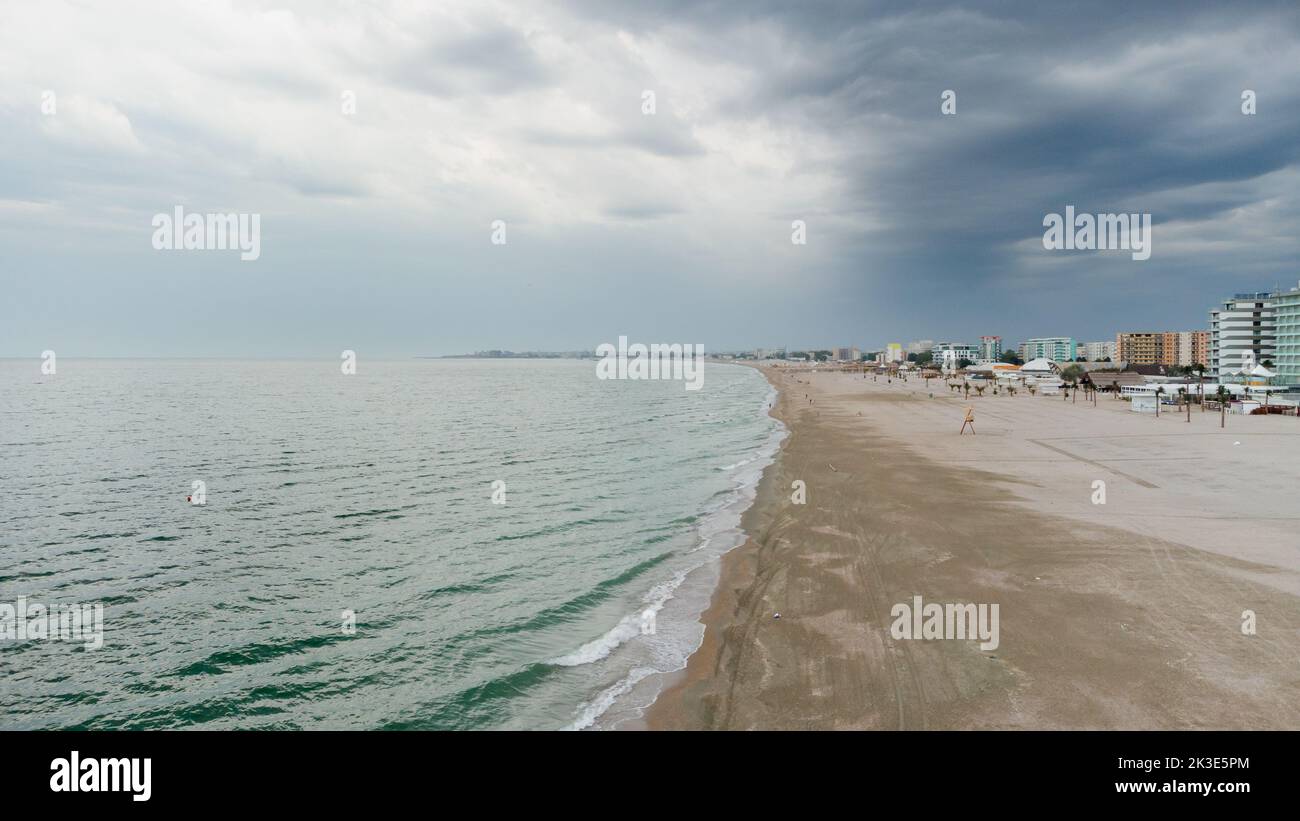 Evening beach in Romania. Drone view of Mamaia beach in Romania. Beach ...