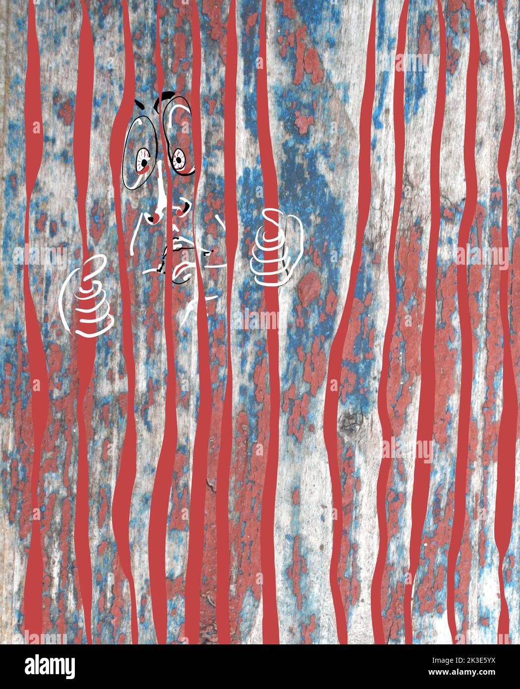 drawing artline conceptual red prison bars on a red-blue background and ...