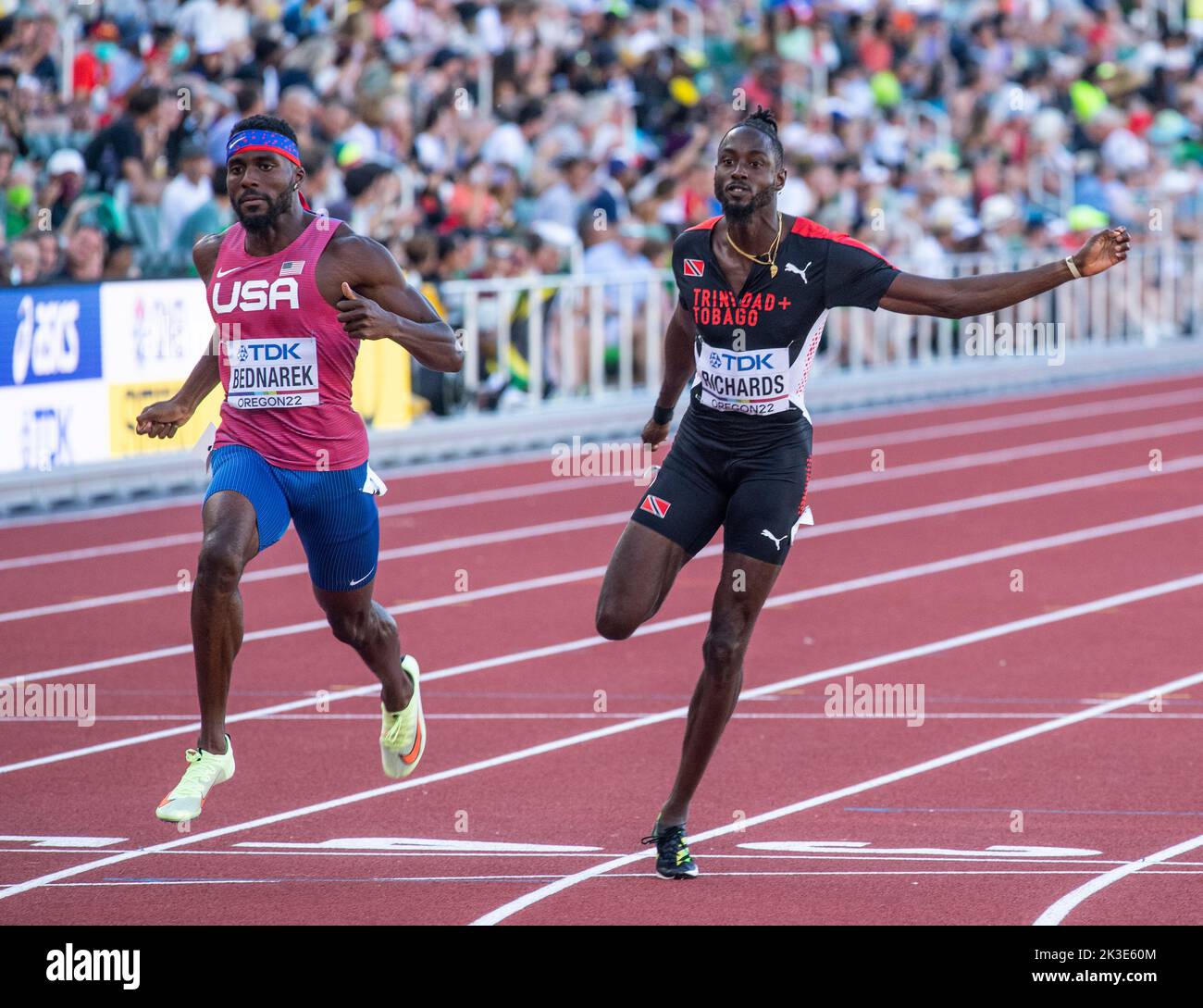 Kenneth Bednarek of the USA and Jereem Richards of Trinidad and Tobago ...