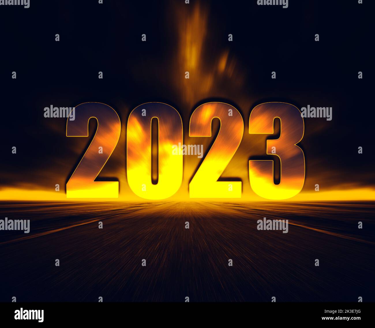 The year 2023 is written on the background of a burning sky and an ...