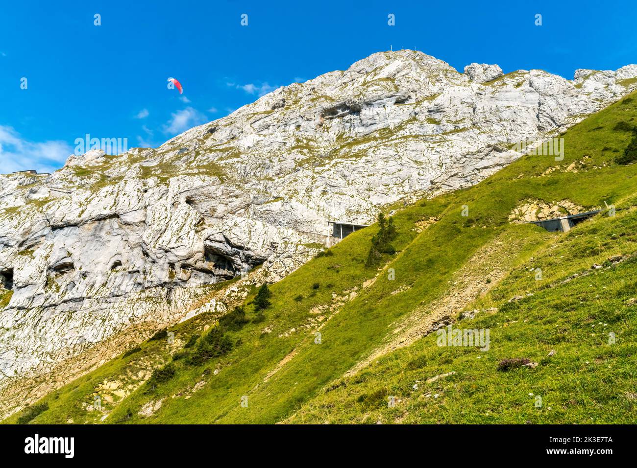 Pink Parasail Rocky Cliffs Pastures Trees Climbing Mount Pilatus ...