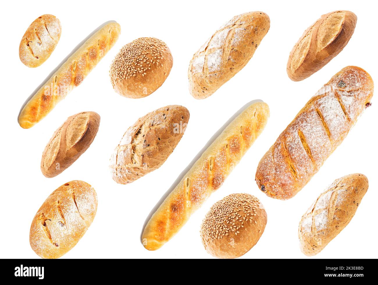 Black and white bread and different buns on a white background. Pattern ...