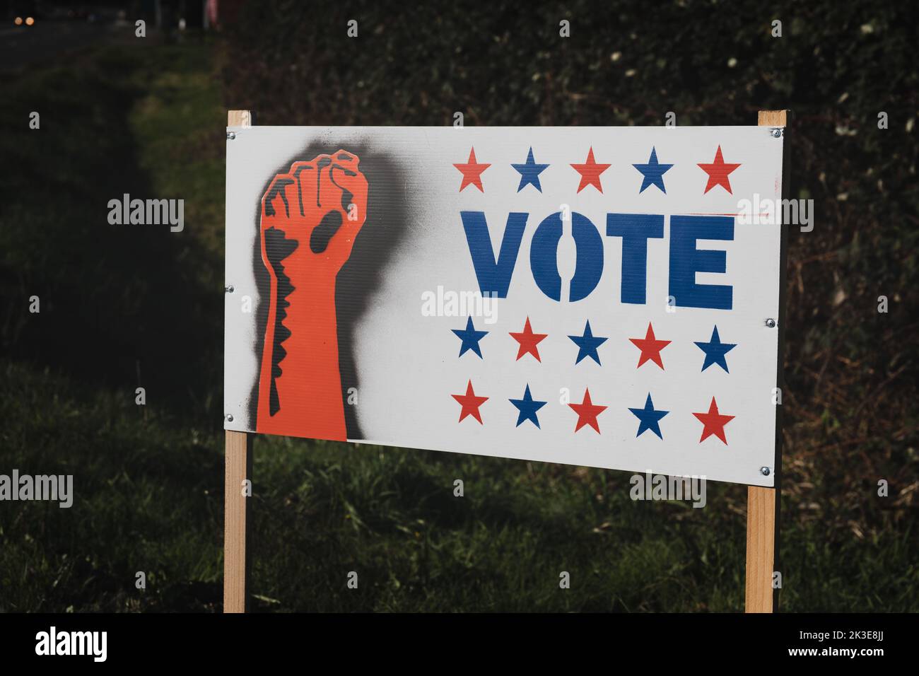 Homemade Voting Sign with Red and Blue Stars and Raised Fist on Side of ...