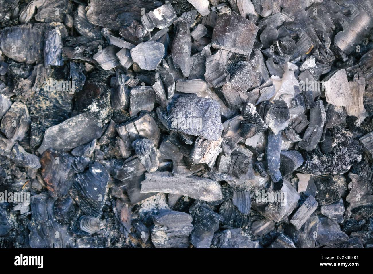 The remains of an extinct fire, charred wood and ashes, background ...