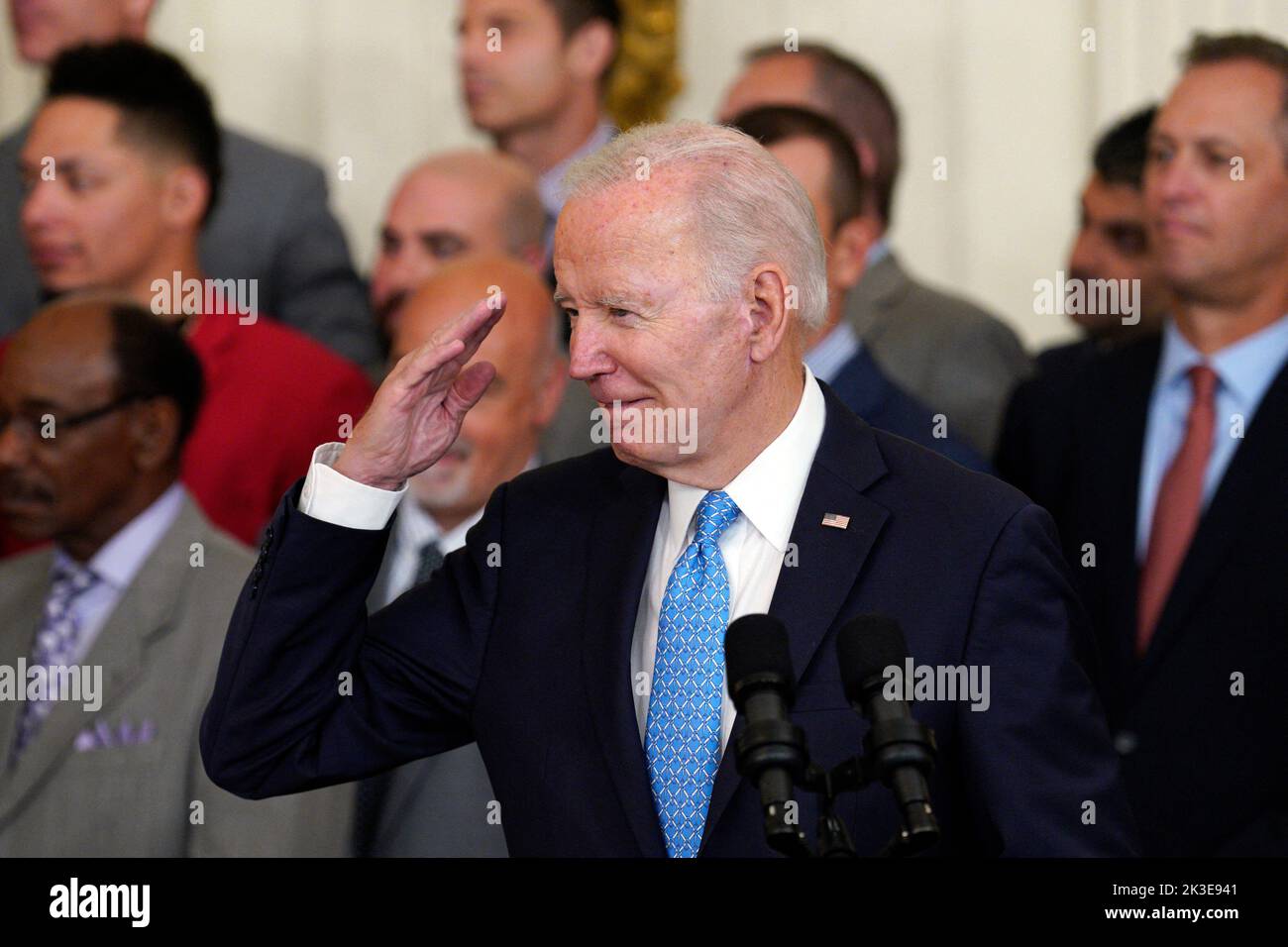 U.S. President Joe Biden welcomes the Atlanta Braves, winners of the ...