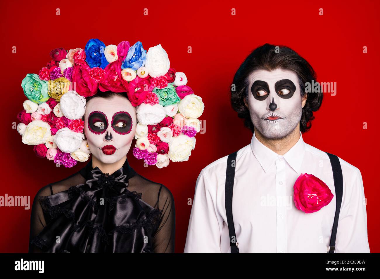 Photo of zombie spooky creature couple man lady scary gaze confused ...