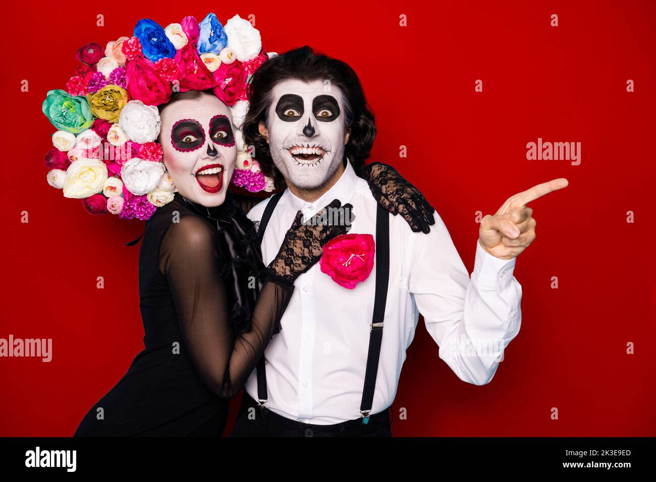 Photo of spooky two people man lady cuddle direct finger empty space ...