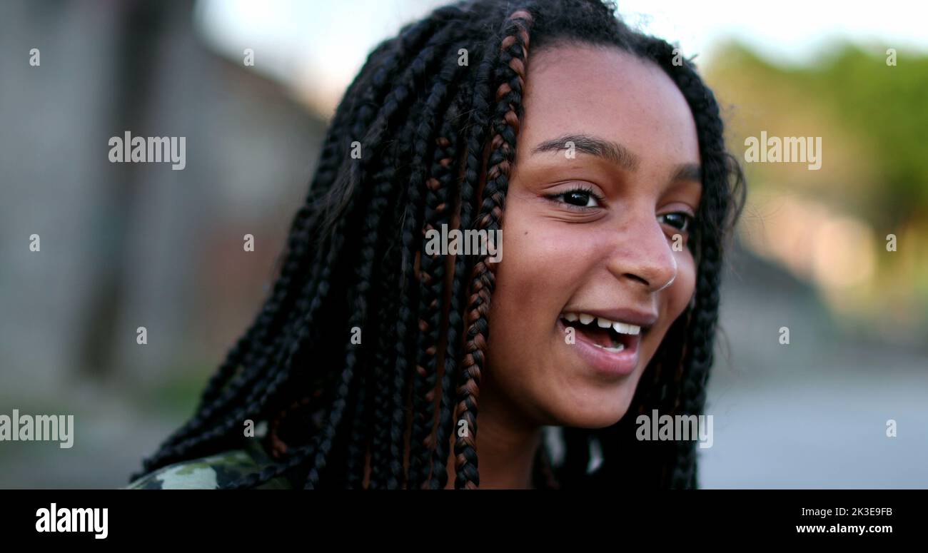 Black preteen girl laughing and smiling portrait face. Real life laugh ...