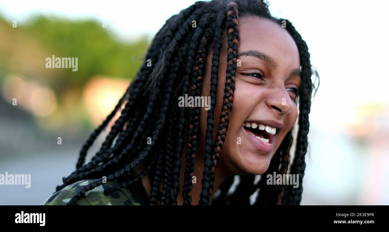 Black preteen girl laughing and smiling portrait face. Real life laugh ...