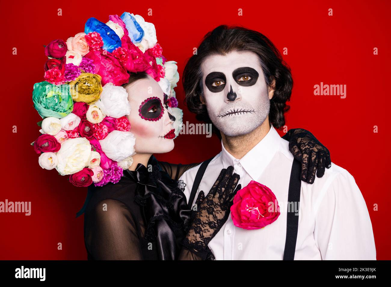 Love can't die. Photo of creepy scary couple man lady cuddle wait dark ...