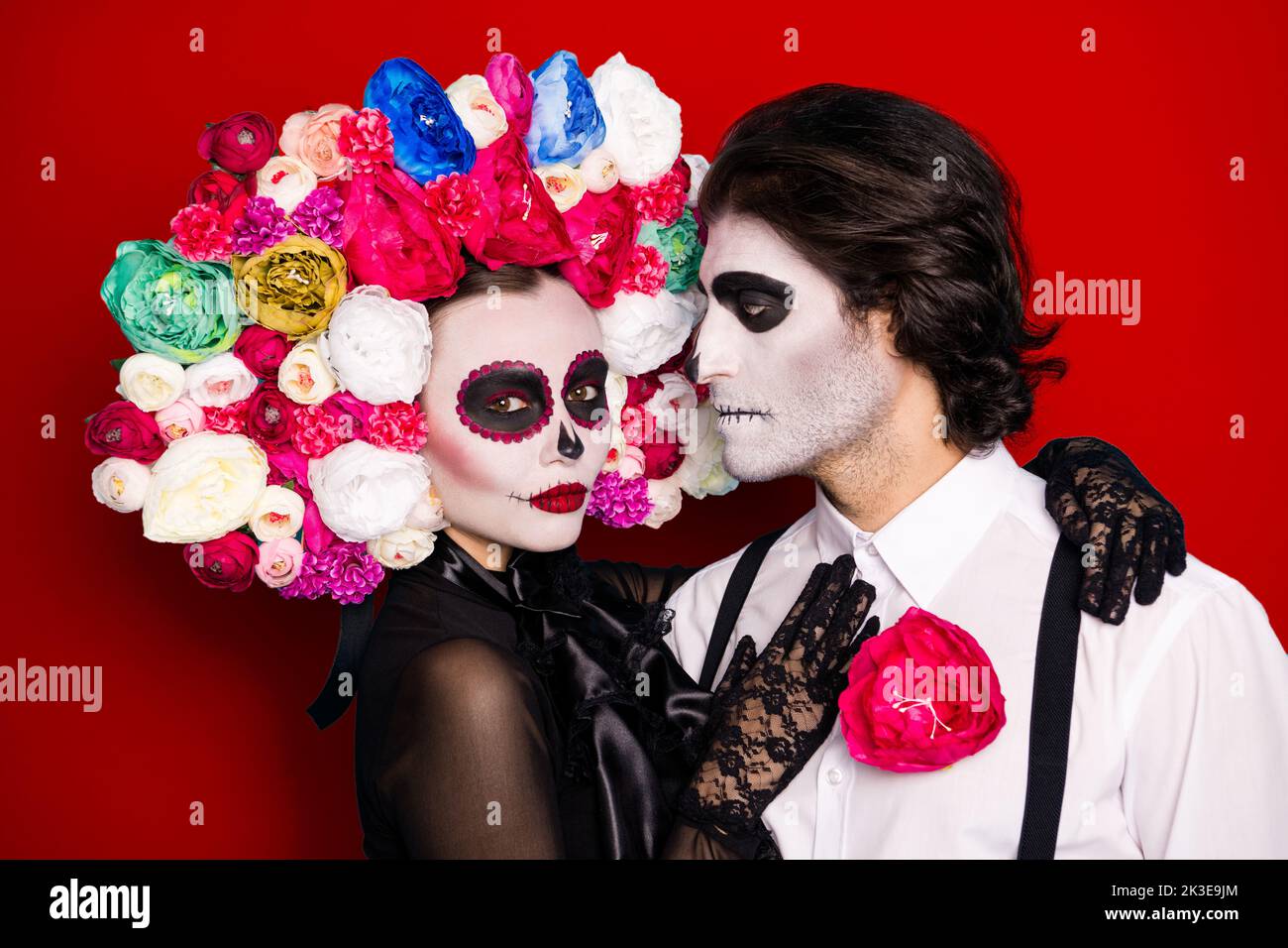 Love melt dead hearts. Photo of creepy frightening couple man lady ...