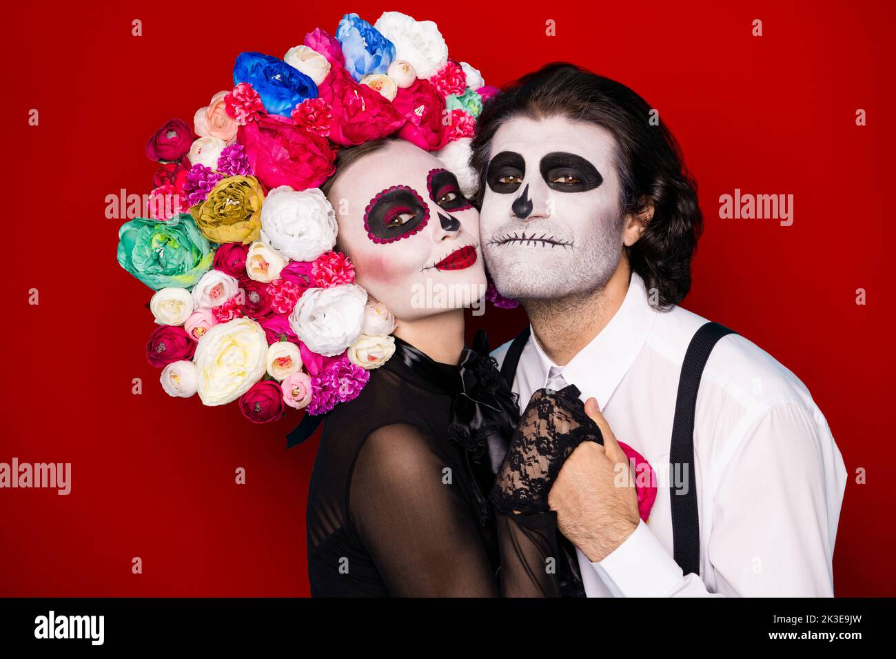 Profile photo of spooky romantic couple man lady girl hold hands cheek ...
