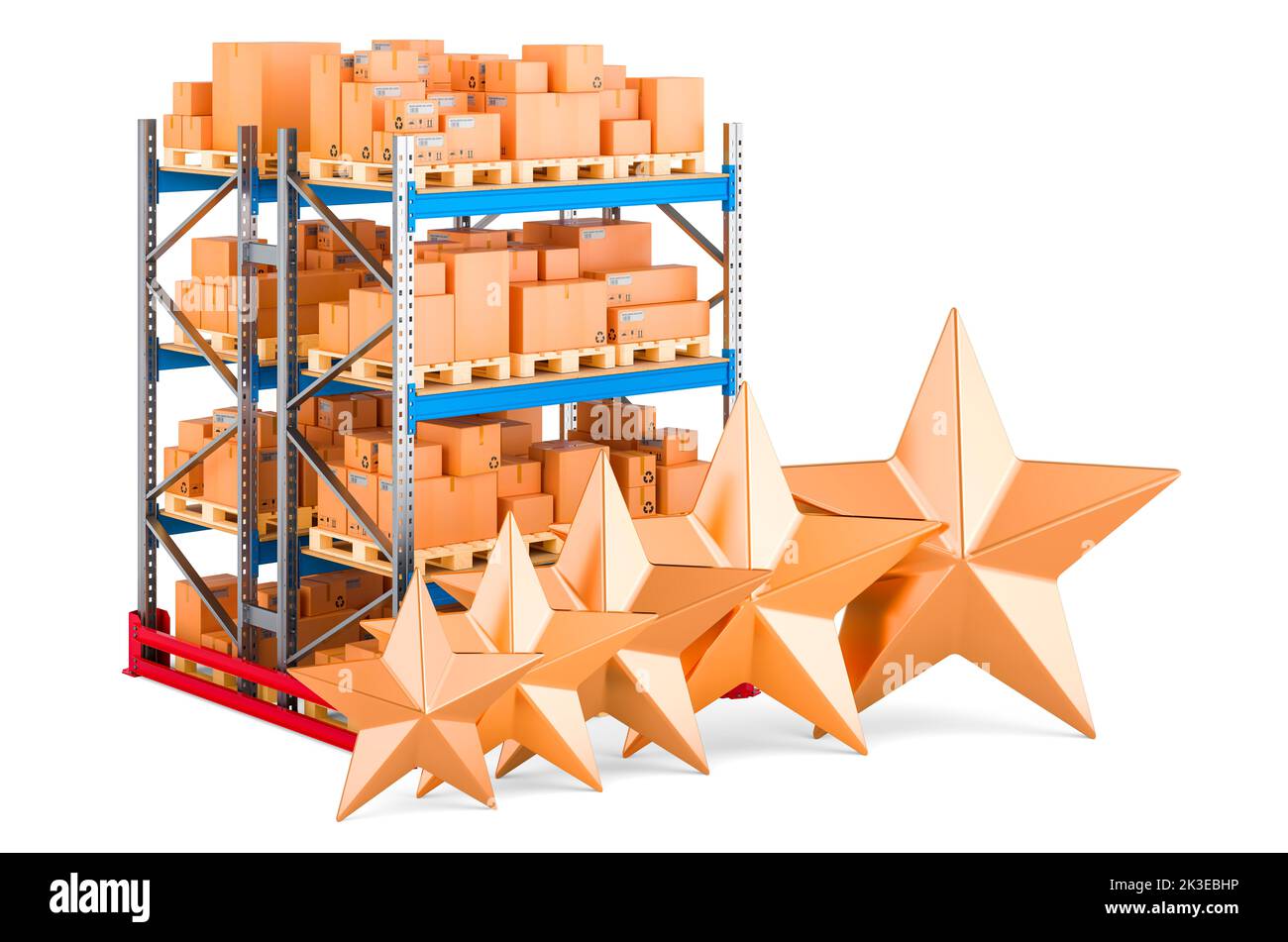 Pallet rack with parcels with five golden stars. 3D rendering isolated ...