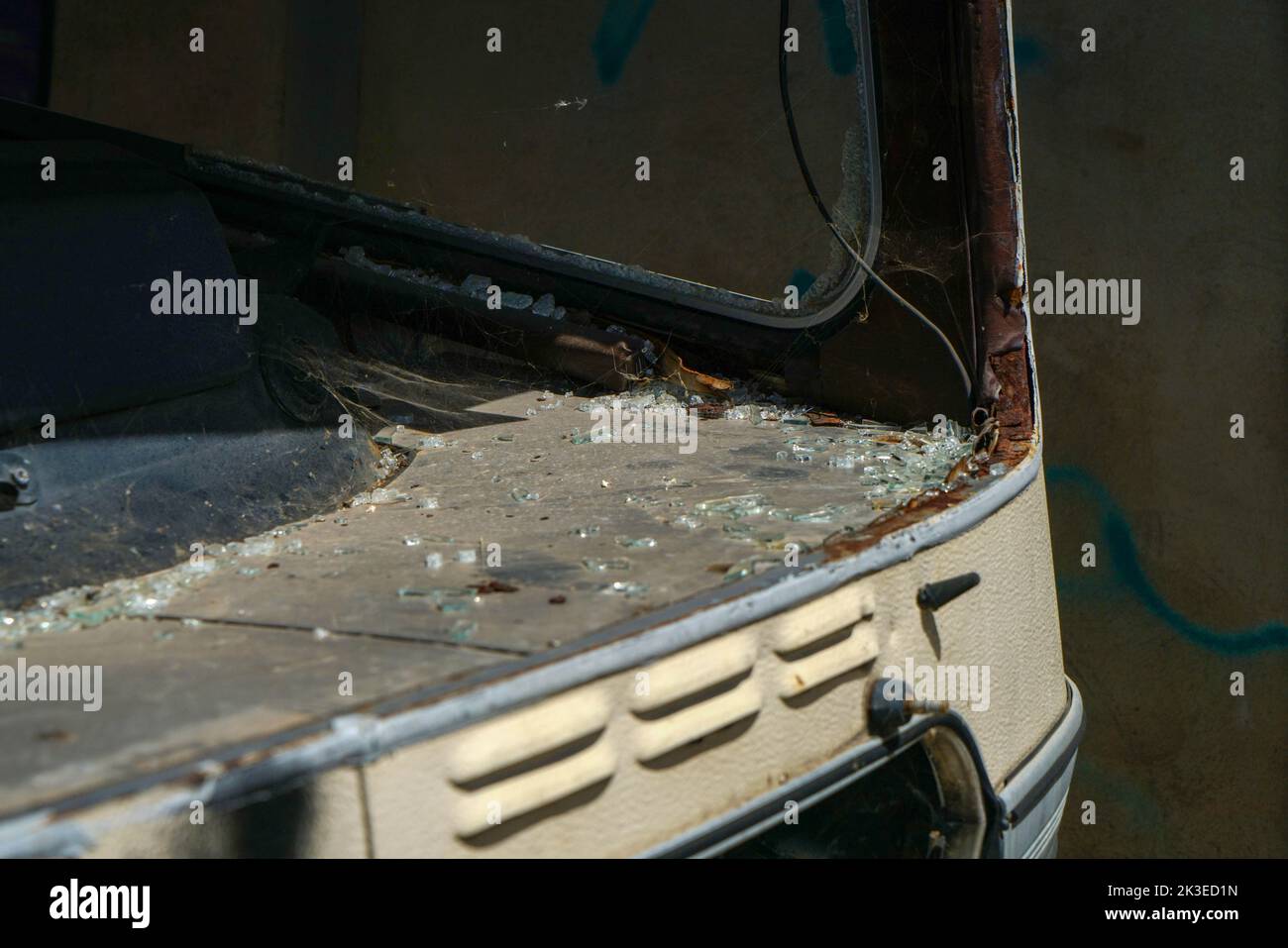 Broken, smashed window glass on an uninhabited building in Bavaria ...
