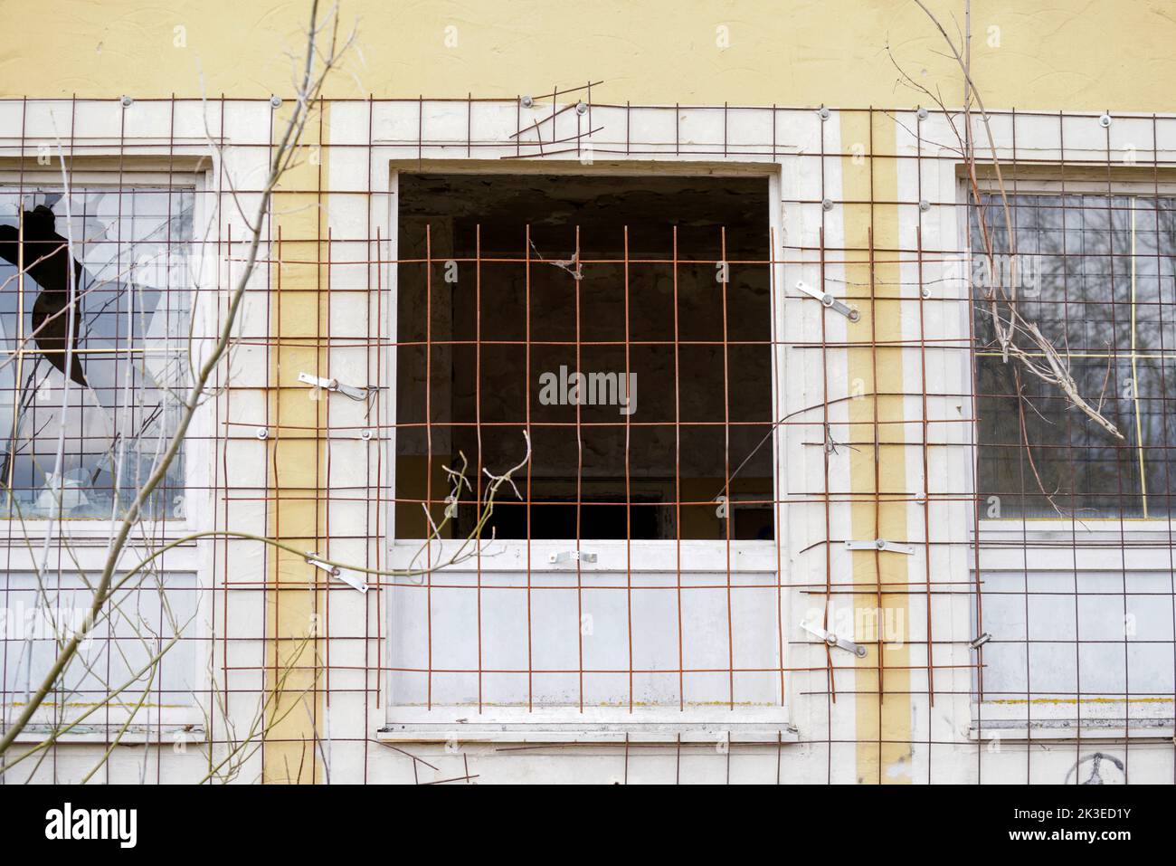 Broken, smashed window glass on an uninhabited building in Bavaria ...