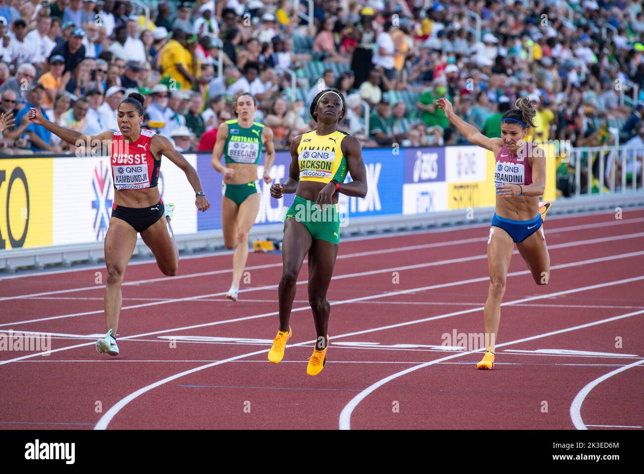 Mujinga Kambundji of Switzerland and Shericka Jackson of Jamaica ...