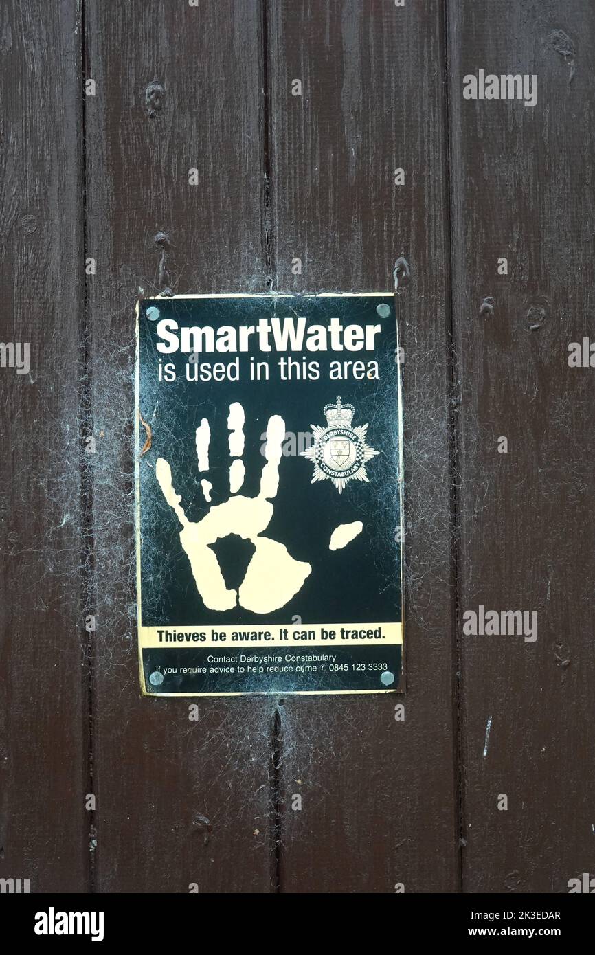 A notice in Hayfield, Derbyshire indicating Smart Water is being used ...