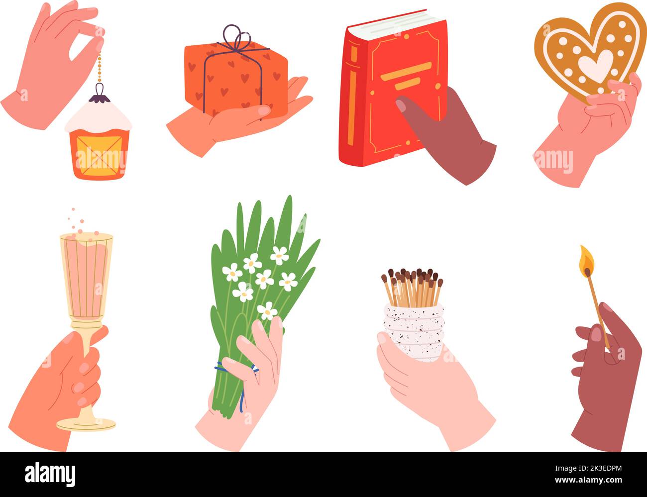 Human hands holding different things. Hand hold cookies, fire and glass ...