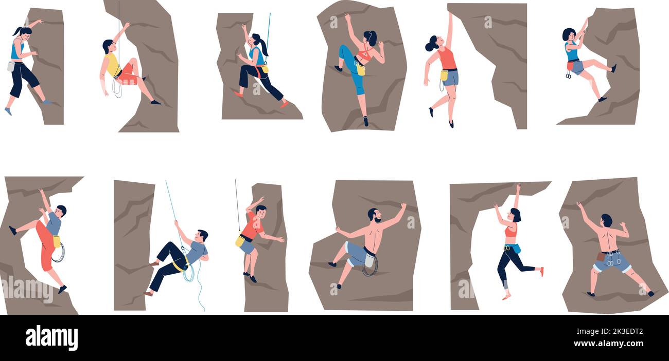 Sport climbing people. Young female and male rocking, extreem heights ...