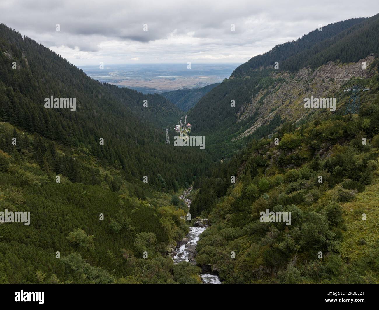 Aerial view of the Transfagaras mountain road in the Fagaras mountains ...