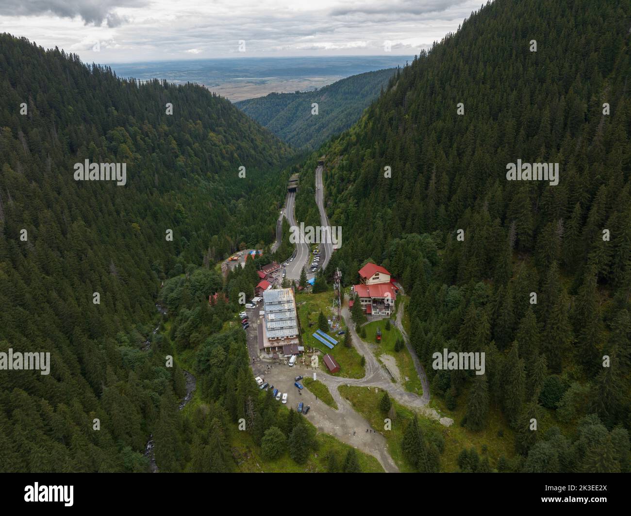 Aerial view of the Transfagaras mountain road in the Fagaras mountains ...