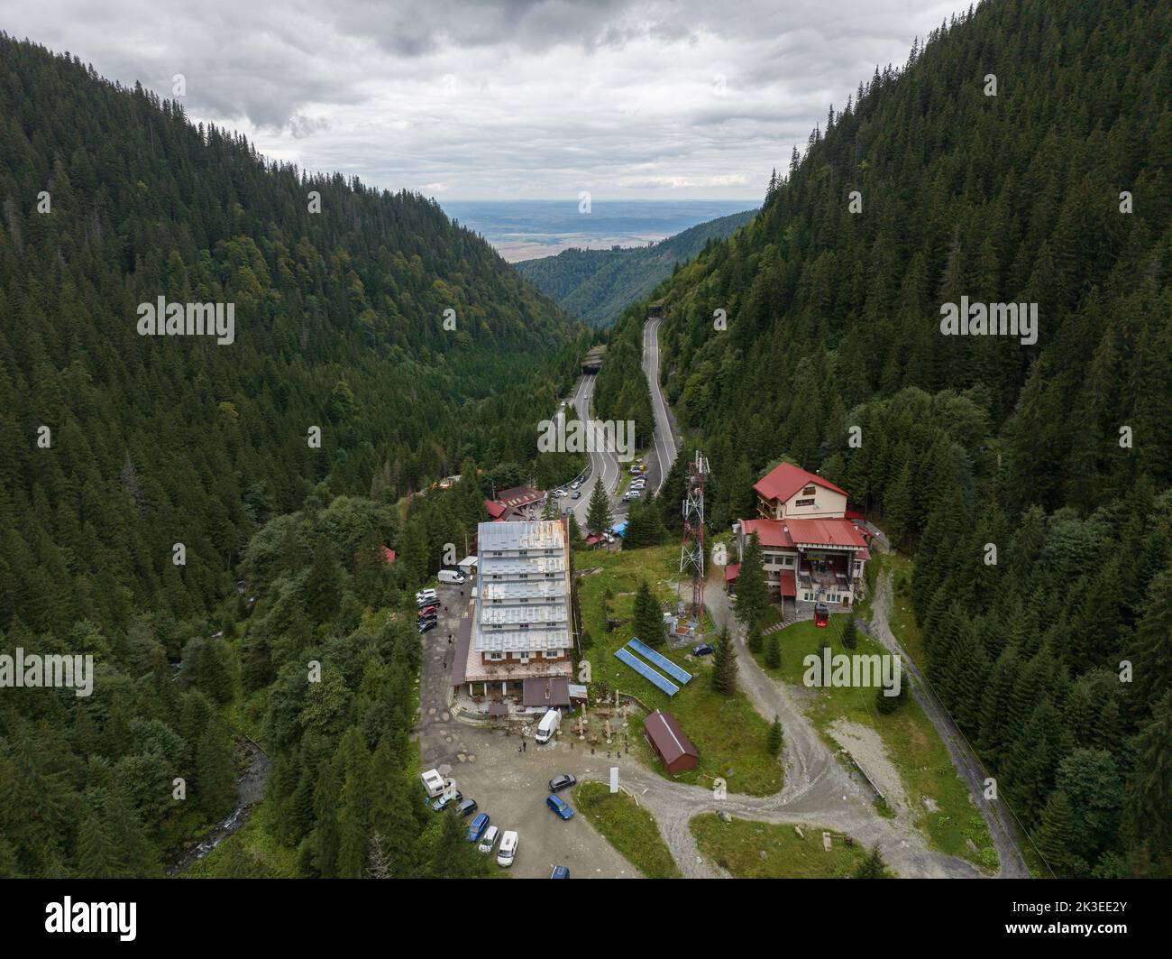 Aerial view of the Transfagaras mountain road in the Fagaras mountains ...