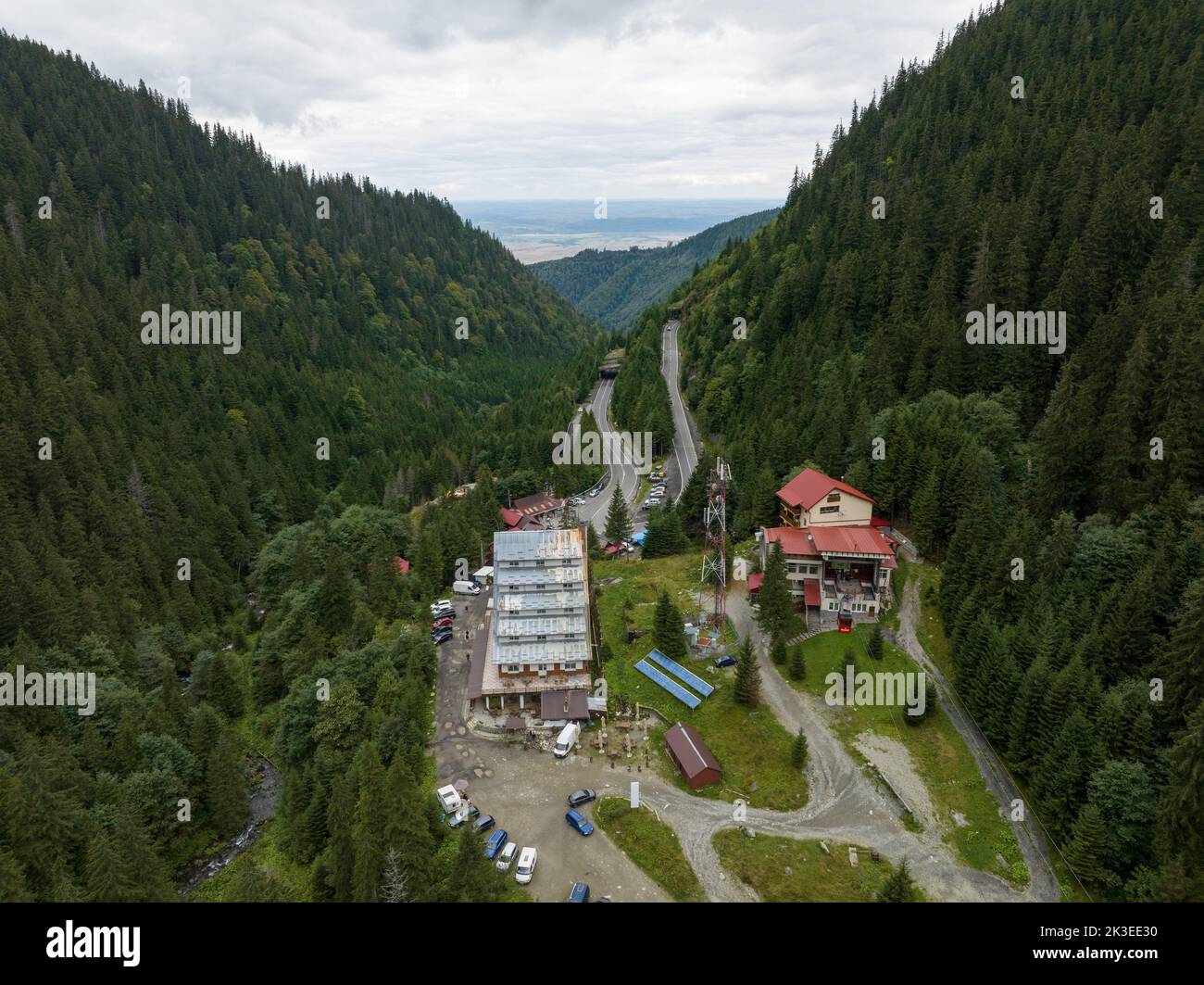 Aerial view of the Transfagaras mountain road in the Fagaras mountains ...
