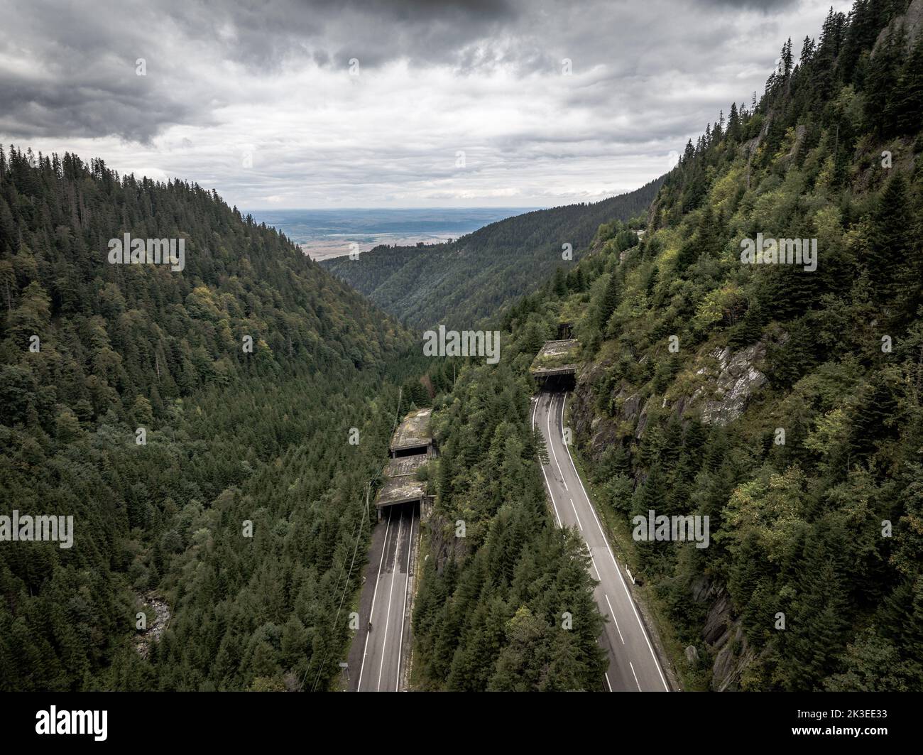 Aerial view of the Transfagaras mountain road in the Fagaras mountains ...