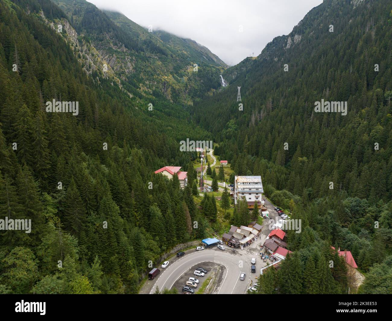 Aerial view of the Transfagaras mountain road in the Fagaras mountains ...