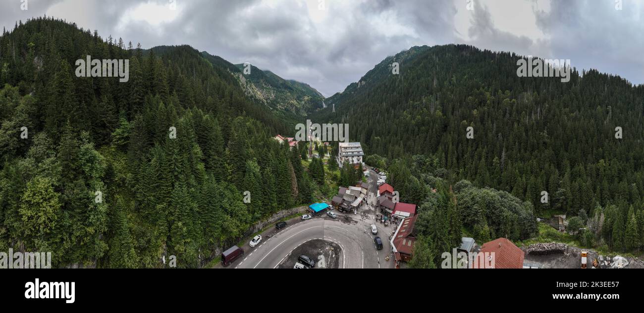 Aerial view of the Transfagaras mountain road in the Fagaras mountains ...