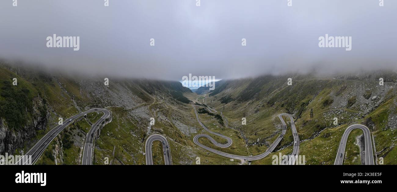 Aerial view of the Transfagaras mountain road in the Fagaras mountains ...