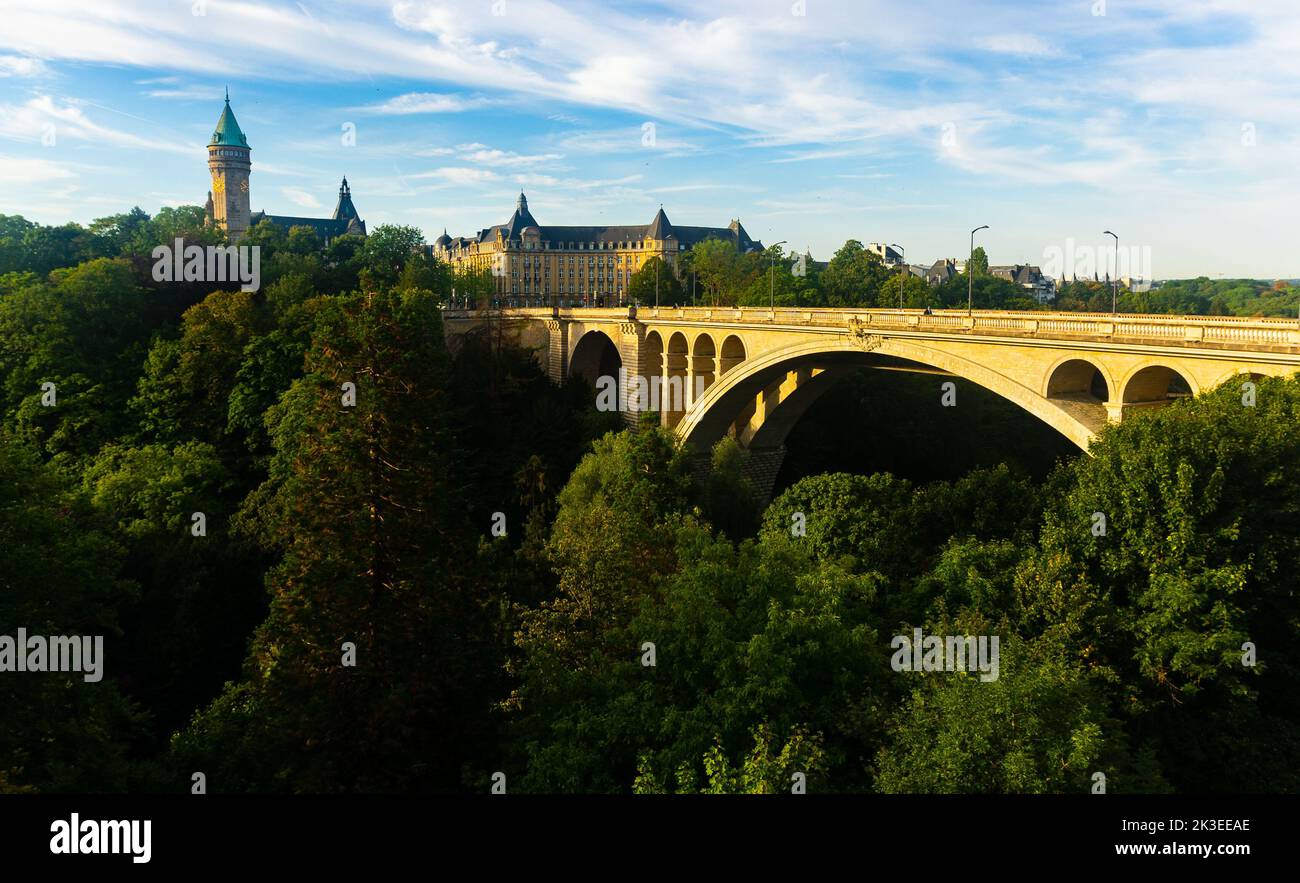View of Adolphe Bridge over valley of Petrusse River in Luxembourg ...