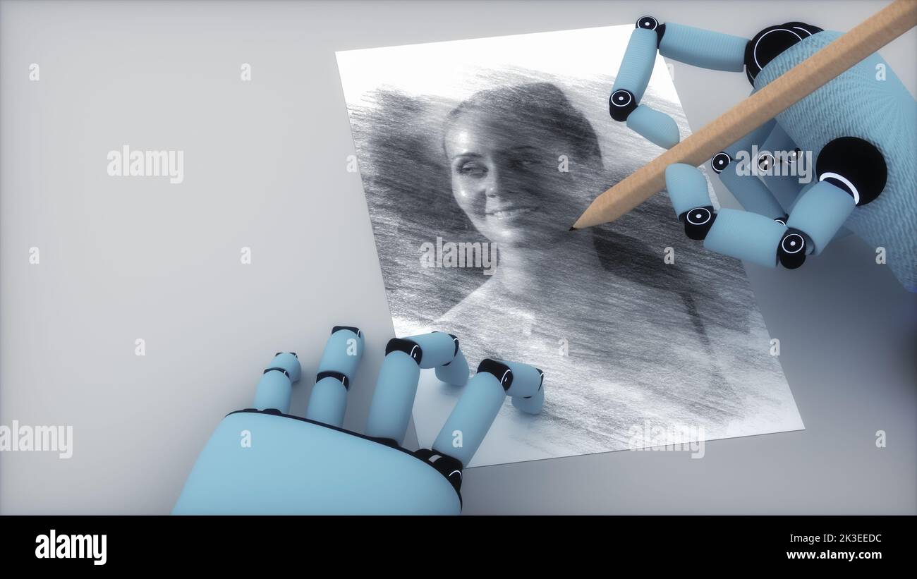 an artificial intelligence paints a portrait of a woman (3d rendering ...