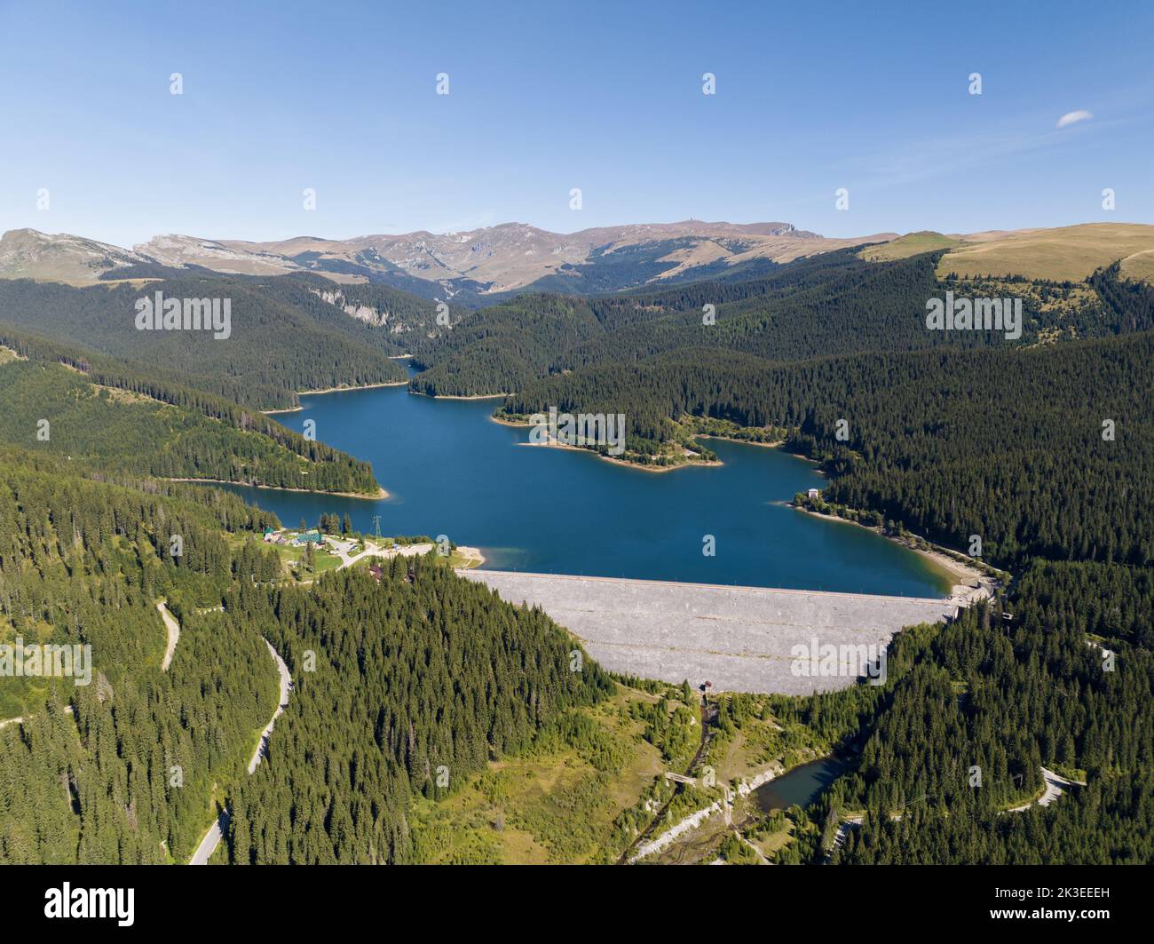 Aerial view of Lake Bolboci in the Bucegi Mountains, Romania Stock ...
