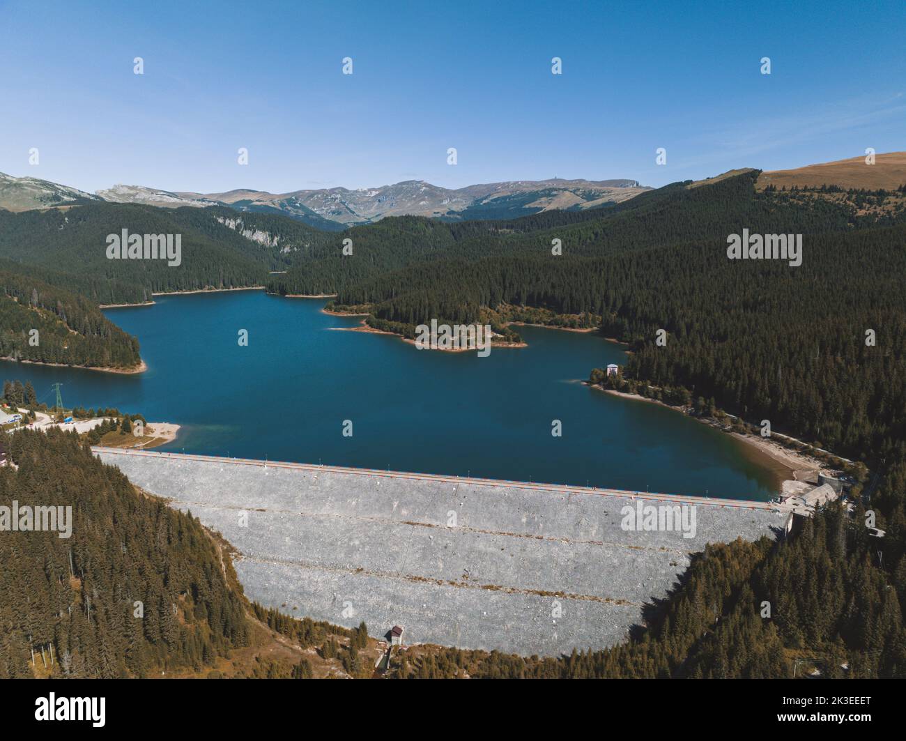 Aerial view of Lake Bolboci in the Bucegi Mountains, Romania Stock ...
