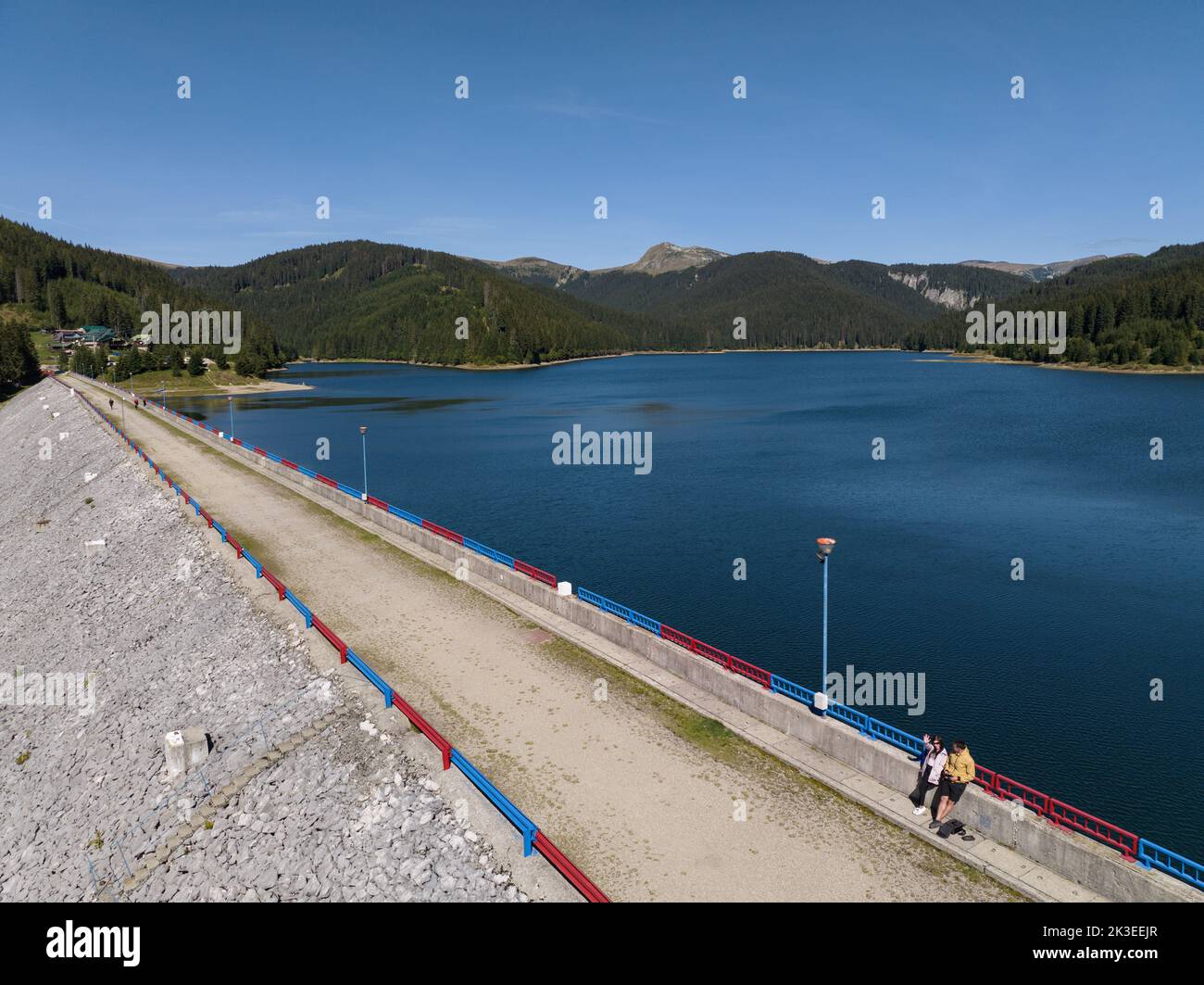 Aerial view of Lake Bolboci in the Bucegi Mountains, Romania Stock ...
