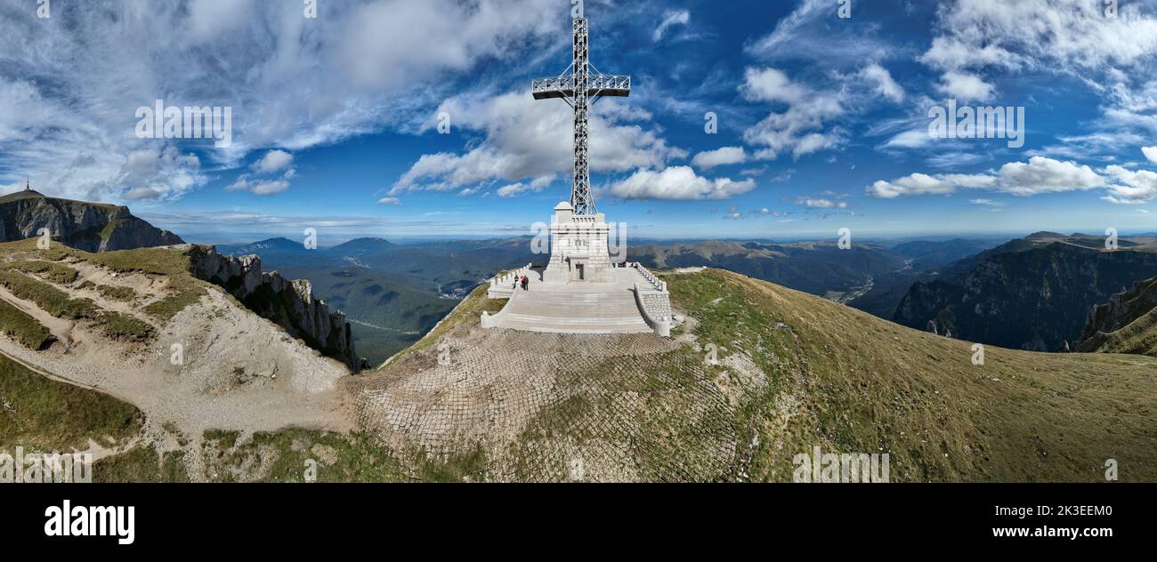 View of the Cross of Heroes on Mount Caraiman in the Bucegi Mountains ...