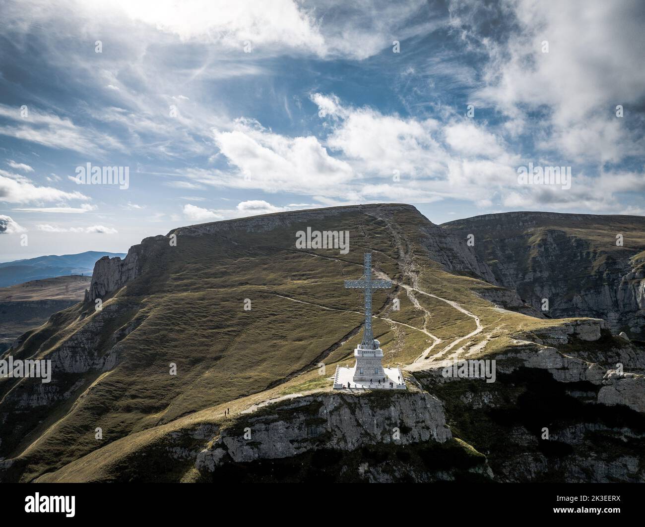 View of the Cross of Heroes on Mount Caraiman in the Bucegi Mountains ...