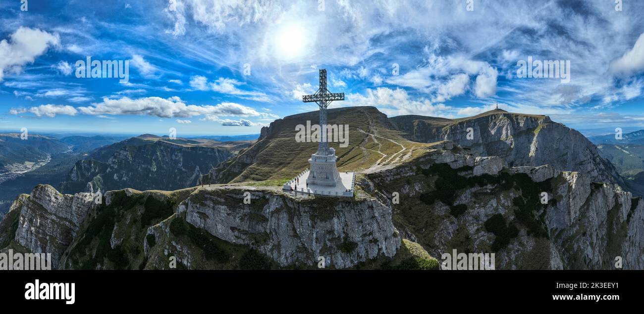 View of the Cross of Heroes on Mount Caraiman in the Bucegi Mountains ...