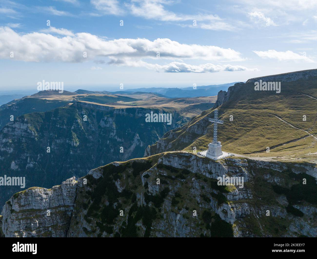View of the Cross of Heroes on Mount Caraiman in the Bucegi Mountains ...
