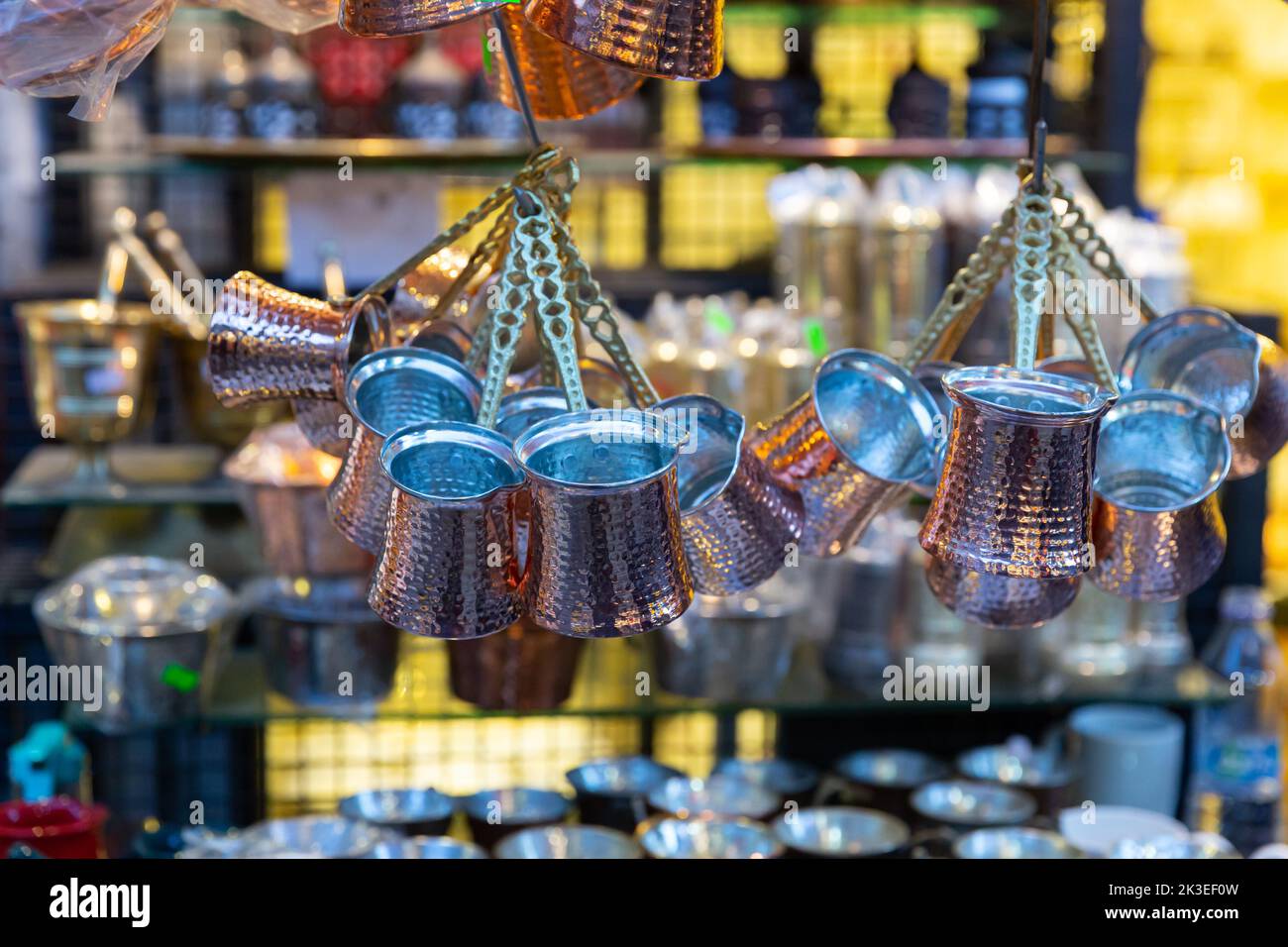 Sale of traditional Turkish Turks for making coffee at Turkish market ...