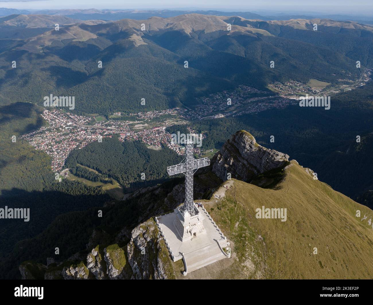 View of the Cross of Heroes on Mount Caraiman in the Bucegi Mountains ...