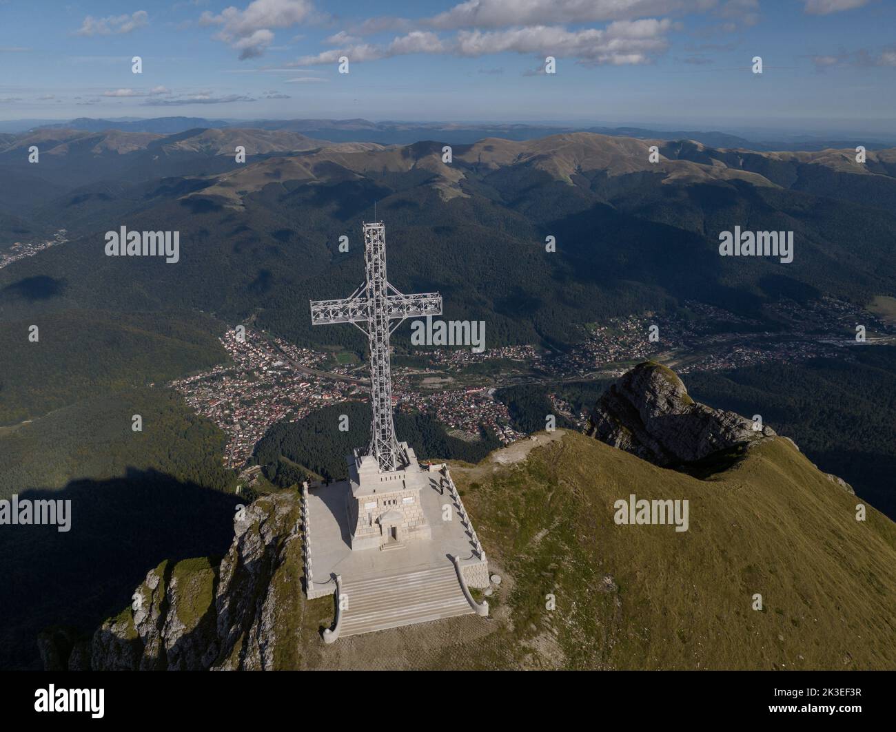 View of the Cross of Heroes on Mount Caraiman in the Bucegi Mountains ...