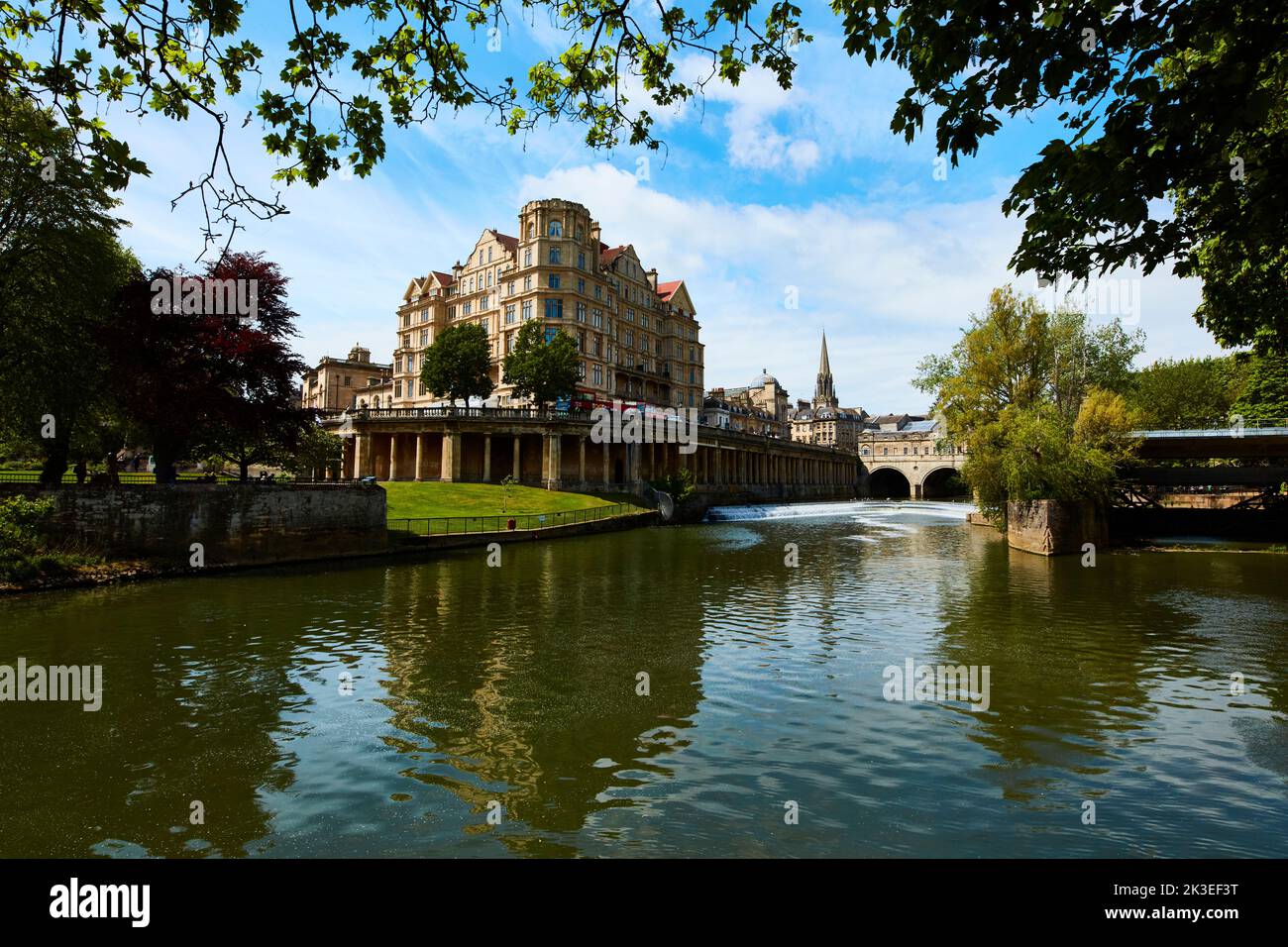 Bath from the River Avon showing the Pultney Weir and Bridge Stock ...