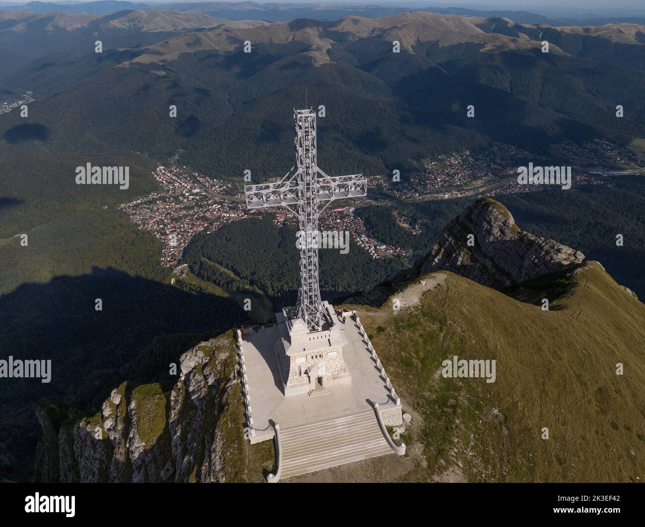 View of the Cross of Heroes on Mount Caraiman in the Bucegi Mountains ...